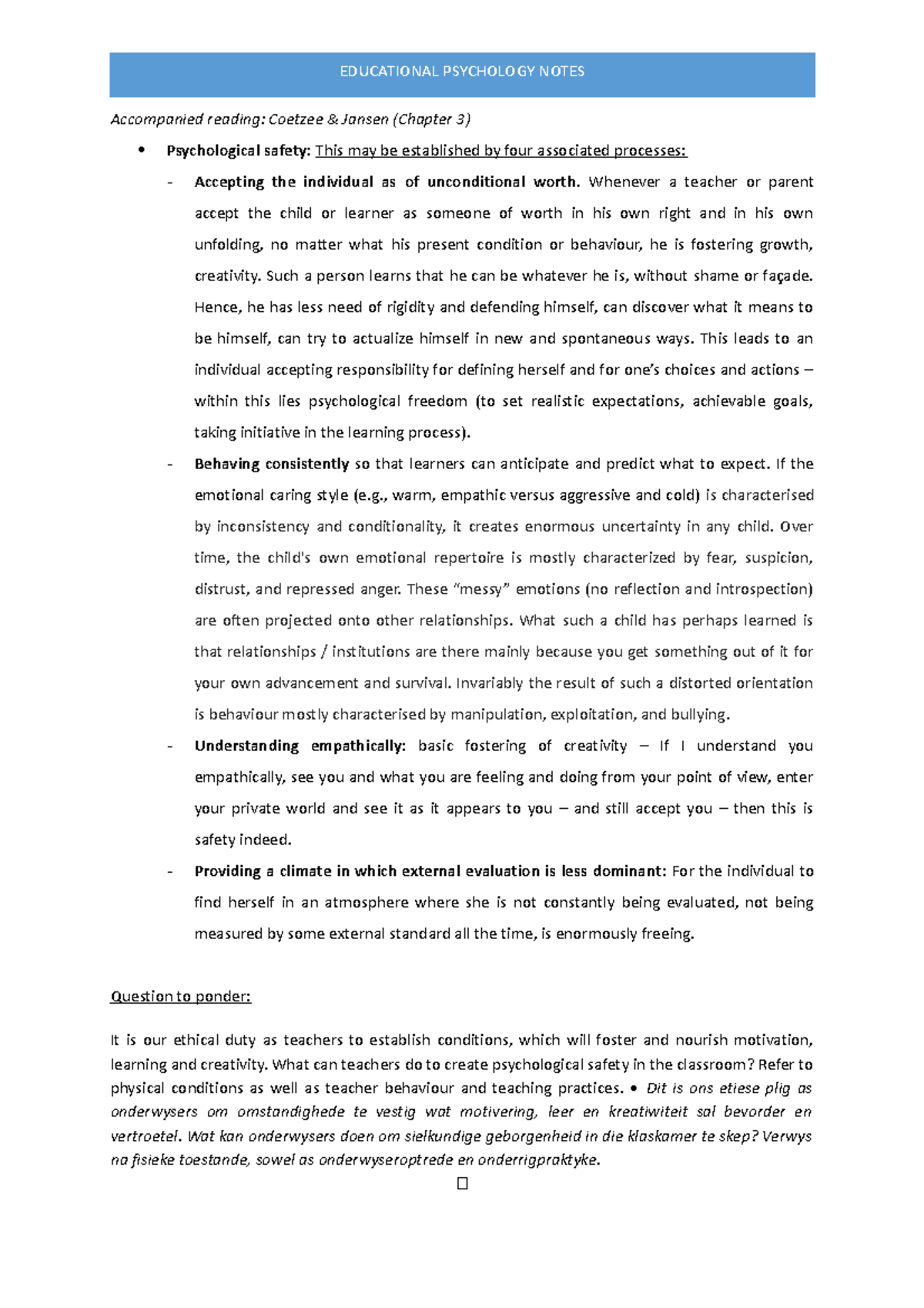 Lecture 1 Part 1 Class notes - Accompanied reading: Coetzee & Jansen ...