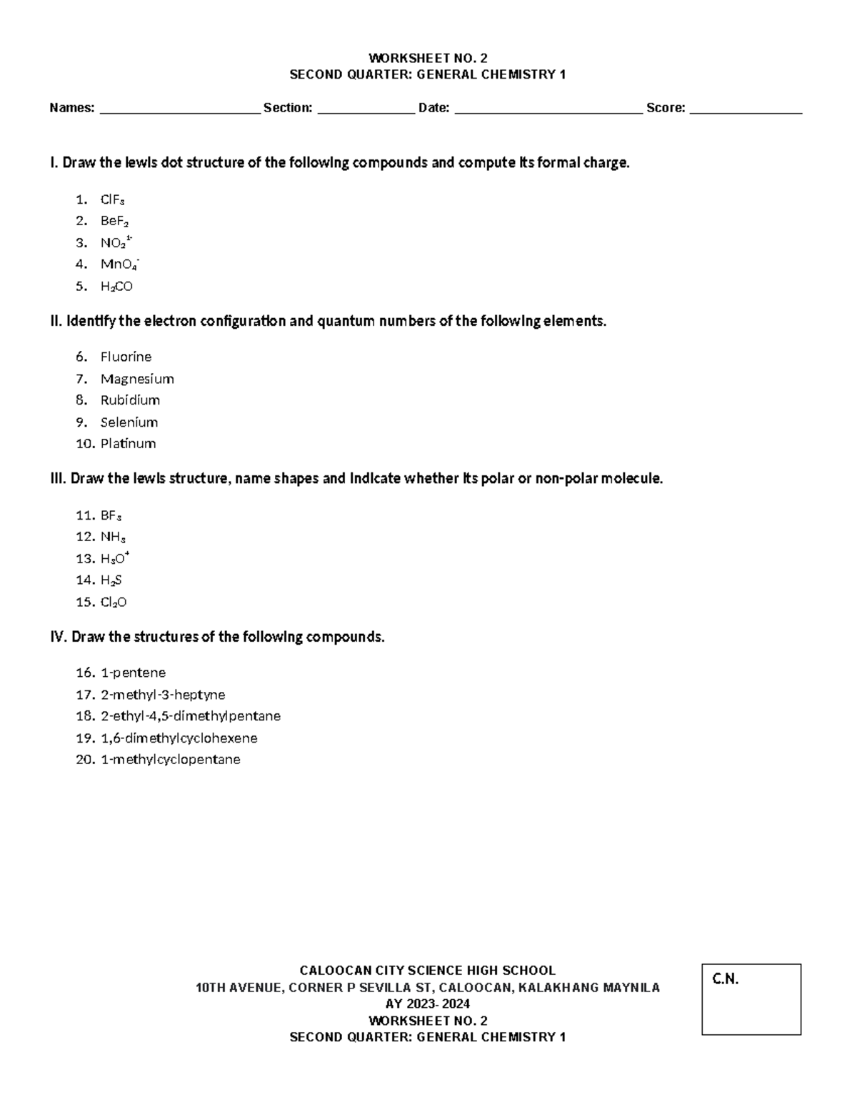 Worksheet no. 2 genchem 1 - WORKSHEET NO. 2 SECOND QUARTER: GENERAL ...