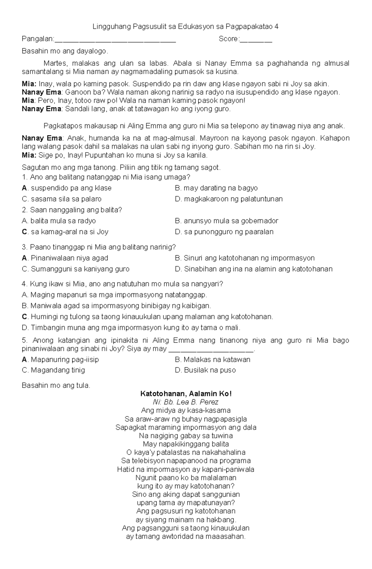 Lingguhang Pagsusulit sa Edukasyon sa Pagpapakatao 4 week 4 ...