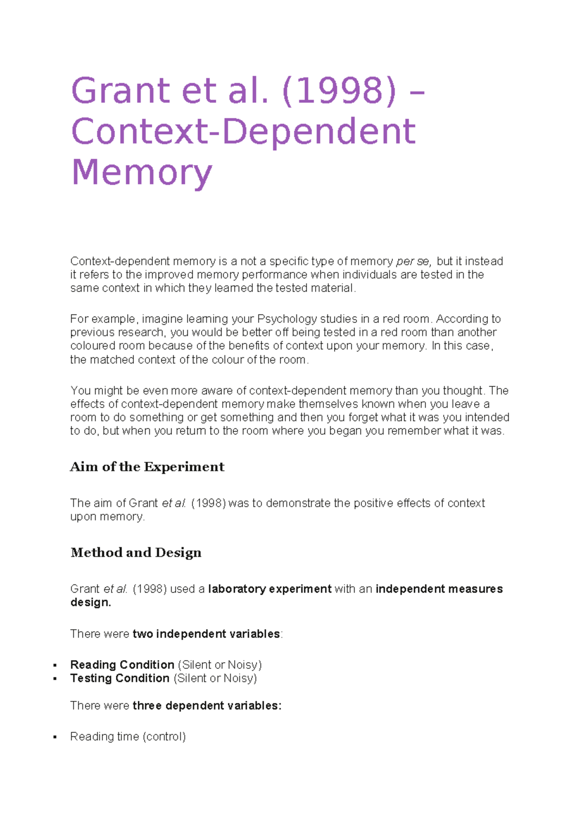 Grant et al (1998) - Grant et al. (1998) – Context-Dependent Memory Context-dependent memory is ...