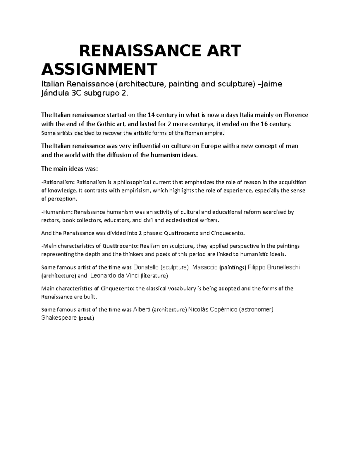 Renaissance ART Assignment - RENAISSANCE ART ASSIGNMENT Italian ...