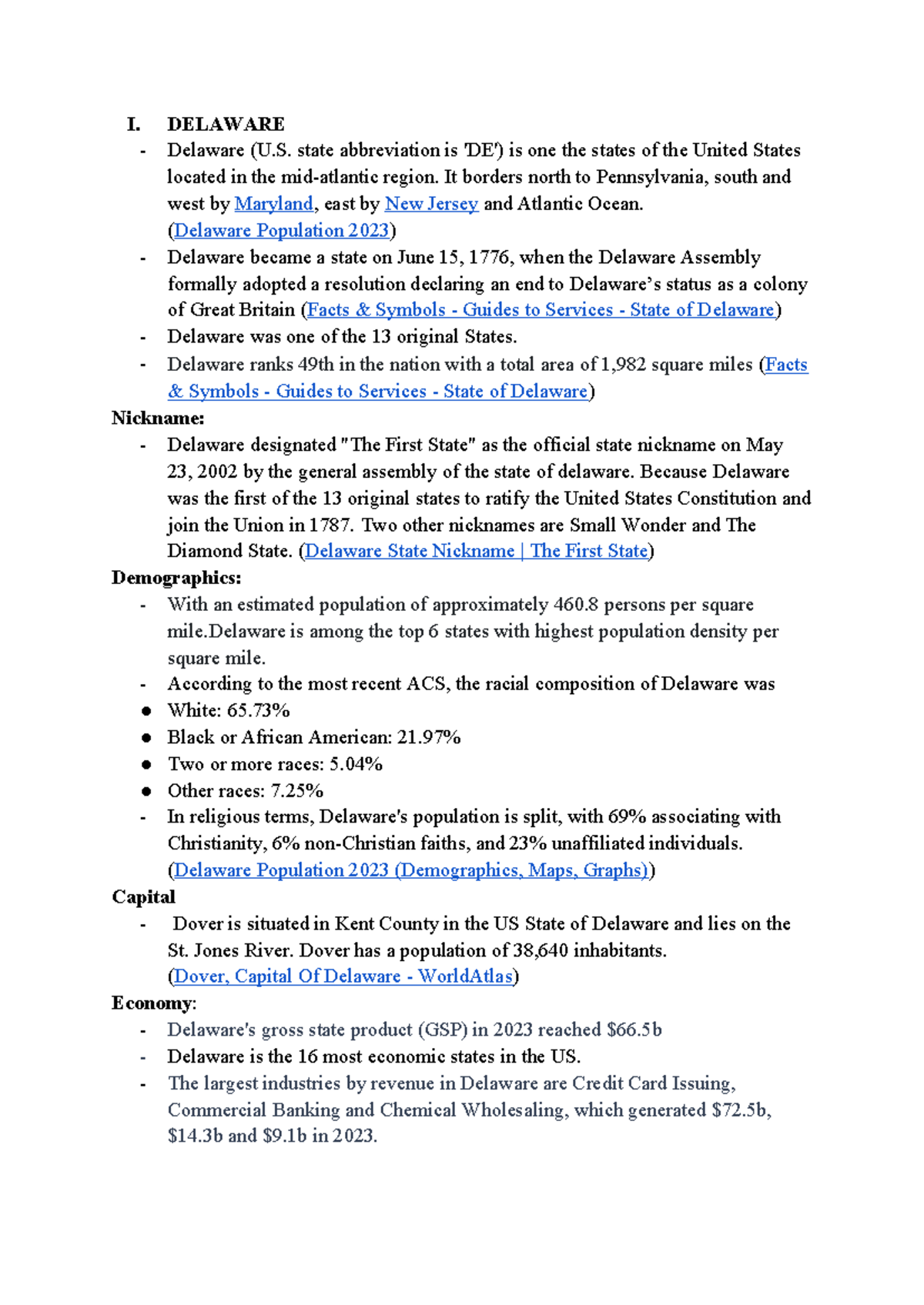 The Mid - Atlantic Region - I. DELAWARE Delaware (U. state abbreviation ...