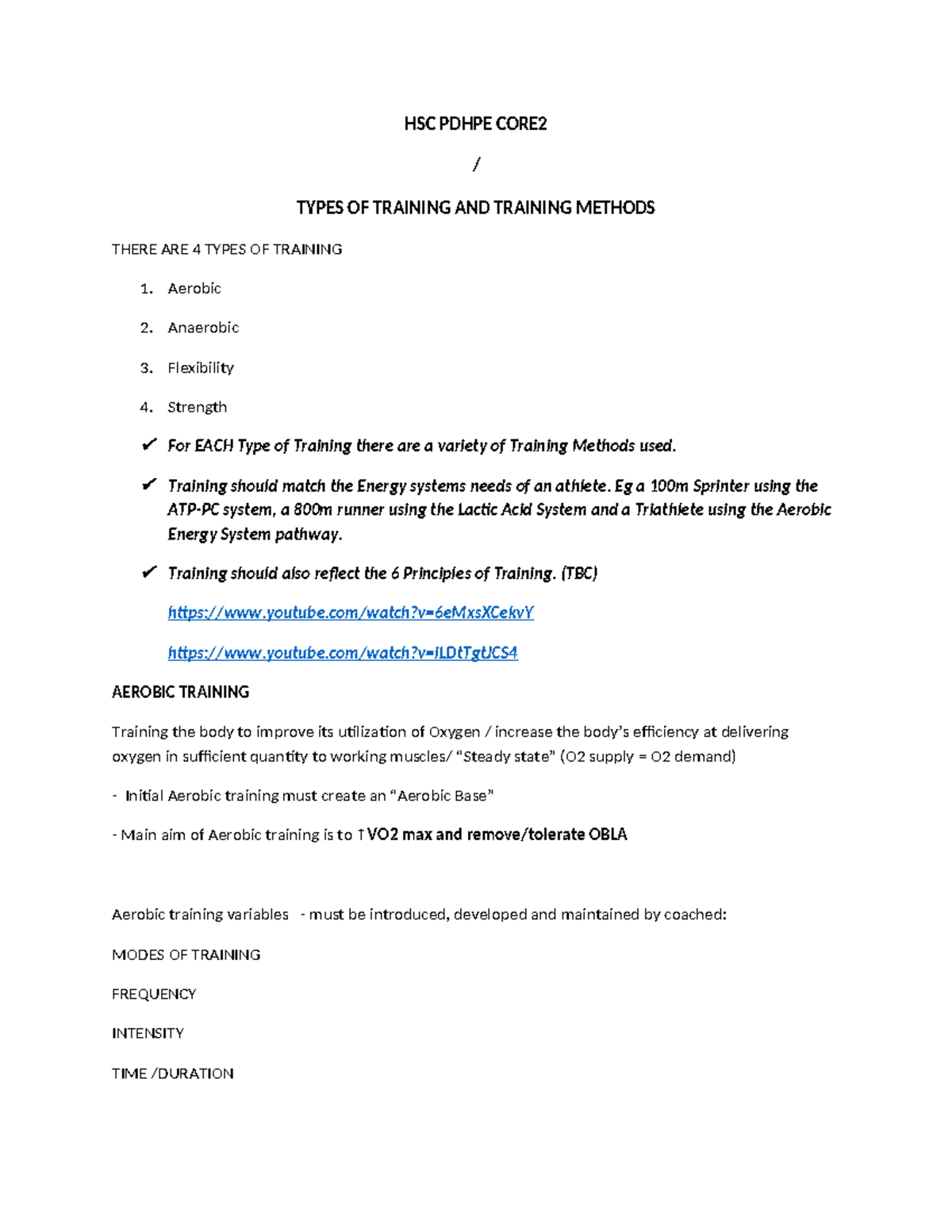 CORE 2 Types OF Training Worksheet - HSC PDHPE CORE / TYPES OF TRAINING ...