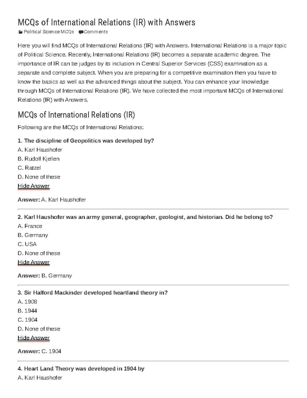 MCQ's on Realism & other IR Q's - Political Science MCQs Comments MCQs of International ...