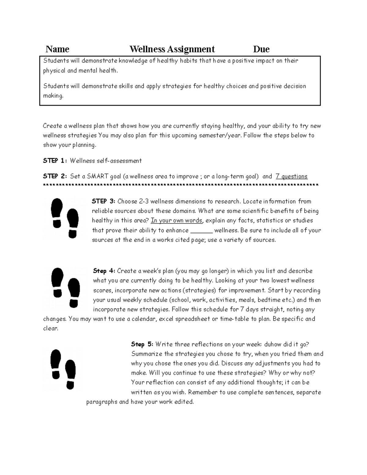 2023 Wellness Plan Assignment - Name Wellness Assignment Due Students ...