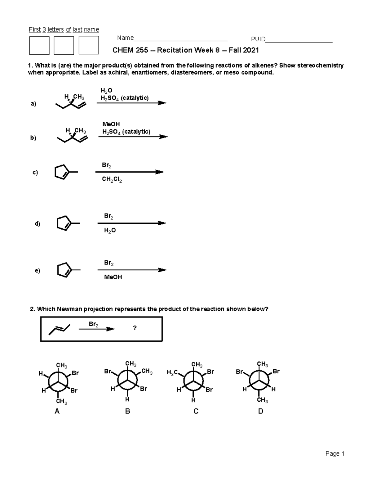Recitation Worksheet Week 8 - CHEM 255 - Recitation Week 8 - Fall 2021 ...