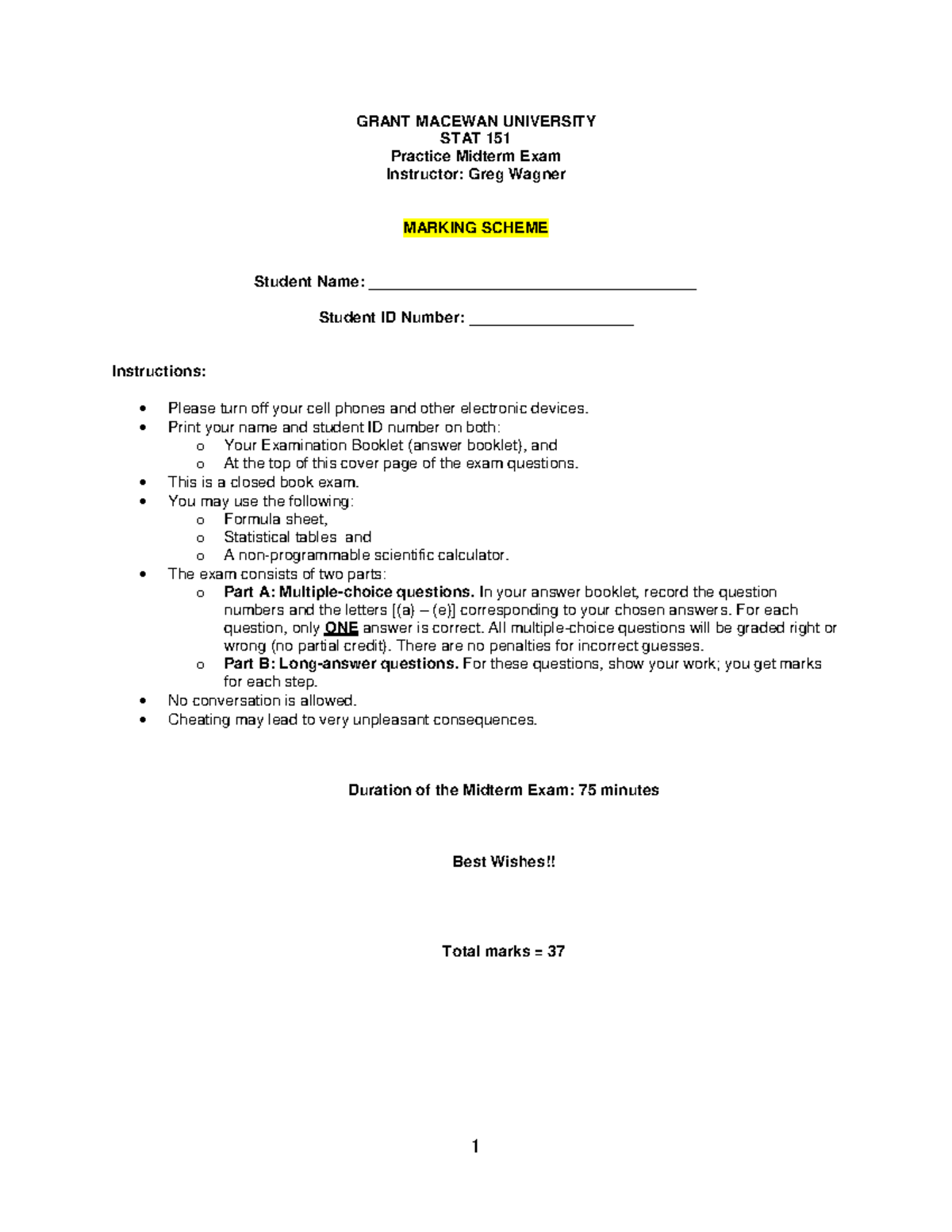 Stat 151 Practice Midterm Exam Solutions Grant Macewan University Stat 151 Practice Midterm