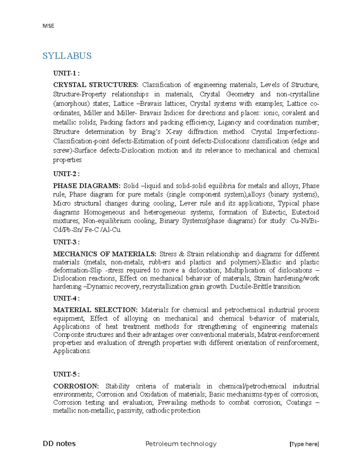 Materials Science AND Engineering - PT - SYLLABUS ####### UNIT-1 ...