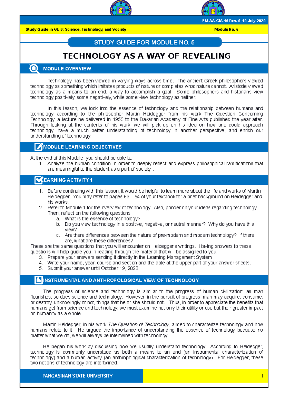 Study- Guide-5 - SST MODULE 5 - TECHNOLOGY AS A WAY OF REVEALING MODULE ...