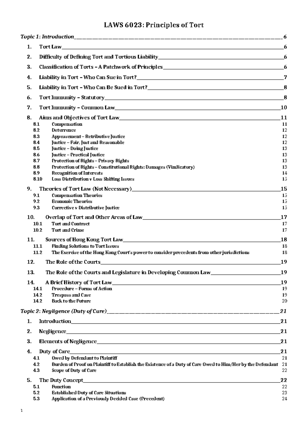 LAWS 6023 Tort Law Lecture Notes - LAWS 6023: Principles of Tort Topic ...