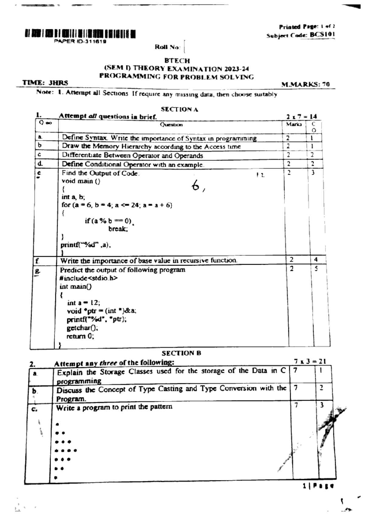 Btech 1 sem programming for problem solving bcs101 mar 2024 - Printed Page: of 2 Subject Code ...