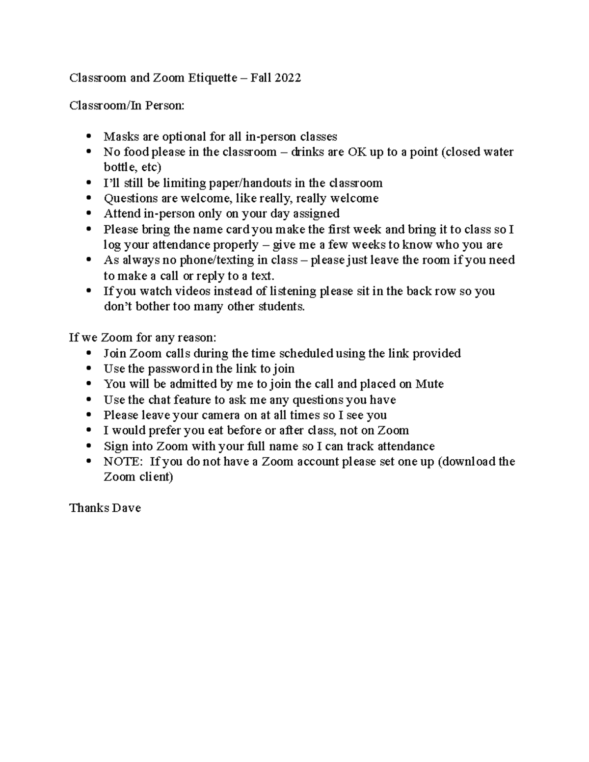 Classroom and Zoom Etiquette - Fall 2022 - Classroom and Zoom Etiquette ...