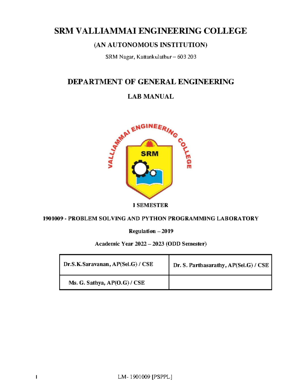 1901009 Problem Solving And Python Programming Laboratory Manual Srm