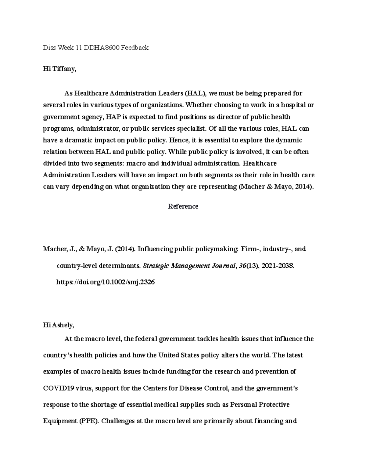 Diss 1 Week 11 DDHA8600 Feedback - Diss Week 11 DDHA8600 Feedback Hi ...