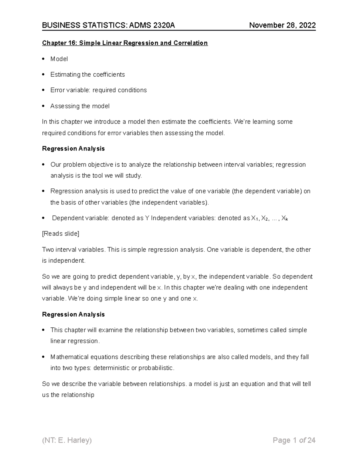 ADMS 2320 Business Stats. 28NOV2022 - Chapter 16: Simple Linear Regression and Correlation Model ...