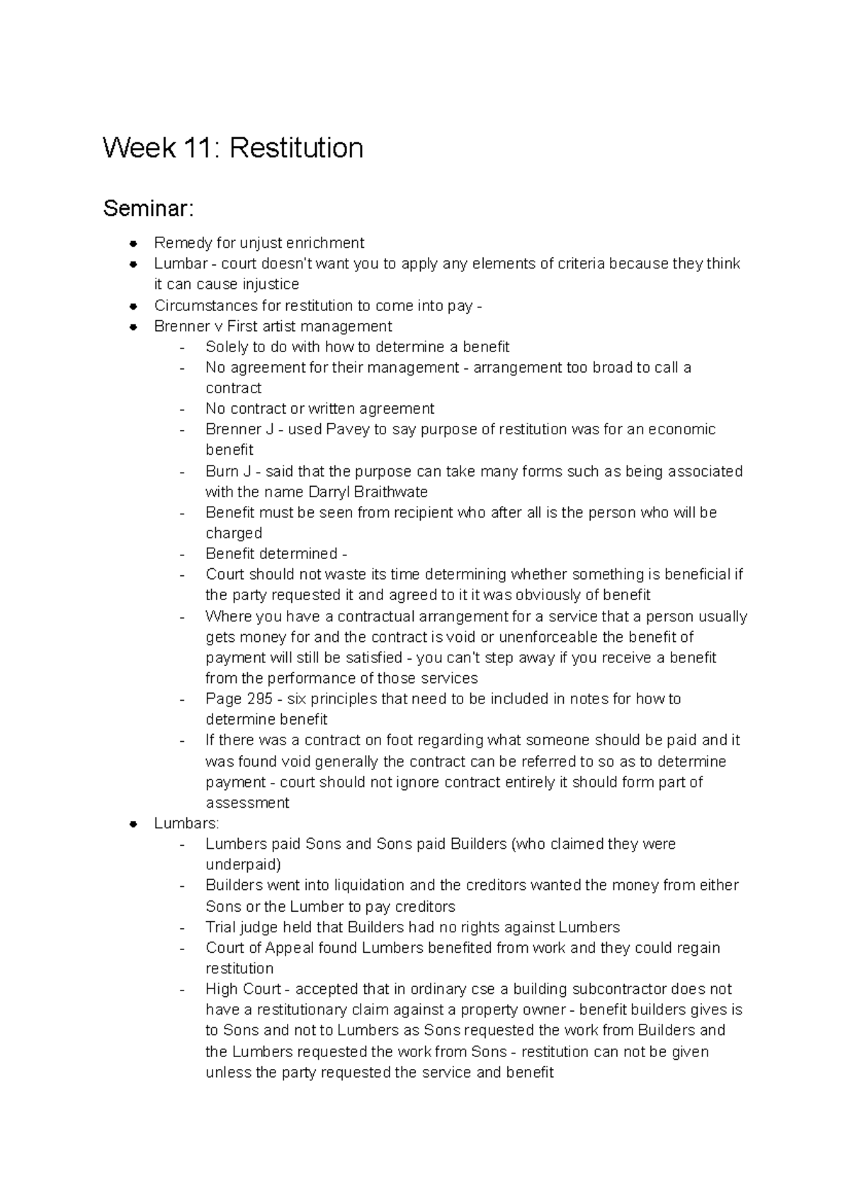 Week 11 Conract A Summary Of Lecture Notes Readings And Seminar Work Week 11 Restitution