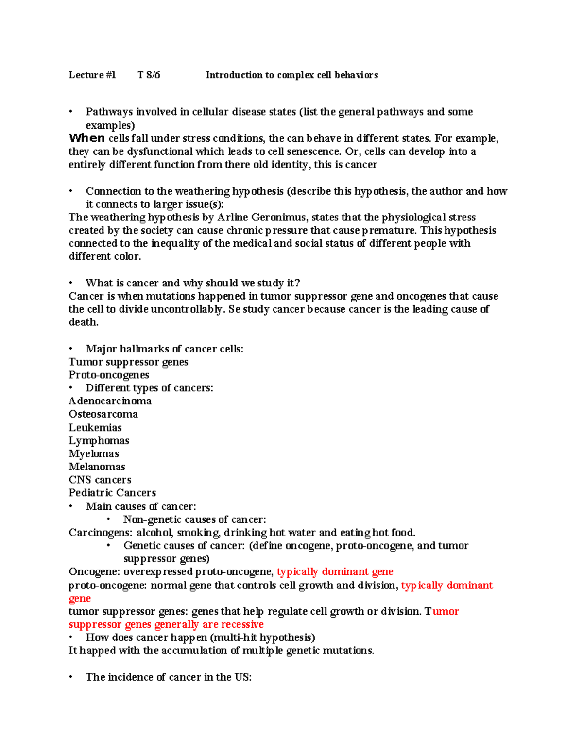 Lecture 1 2024 - Lecture #1 T 8/6 Introduction to complex cell ...