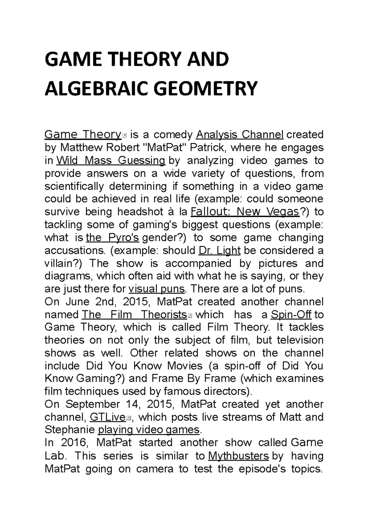 Game Theory - Lecture notes - GAME THEORY AND ALGEBRAIC GEOMETRY Game ...