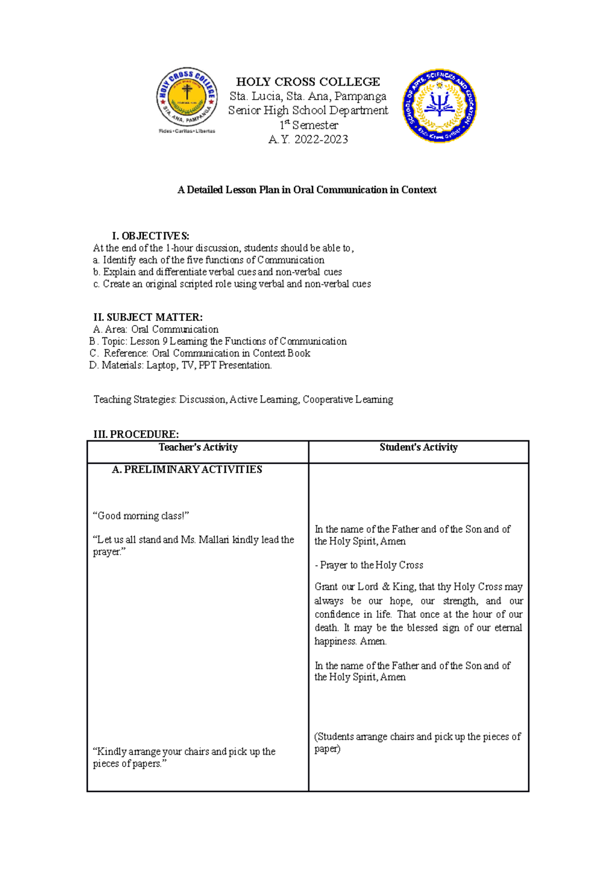 Detailed Lesson PLAN IN ORAL COM Grade 12 1 - HOLY CROSS COLLEGE Sta. Lucia, Sta. Ana, Pampanga ...