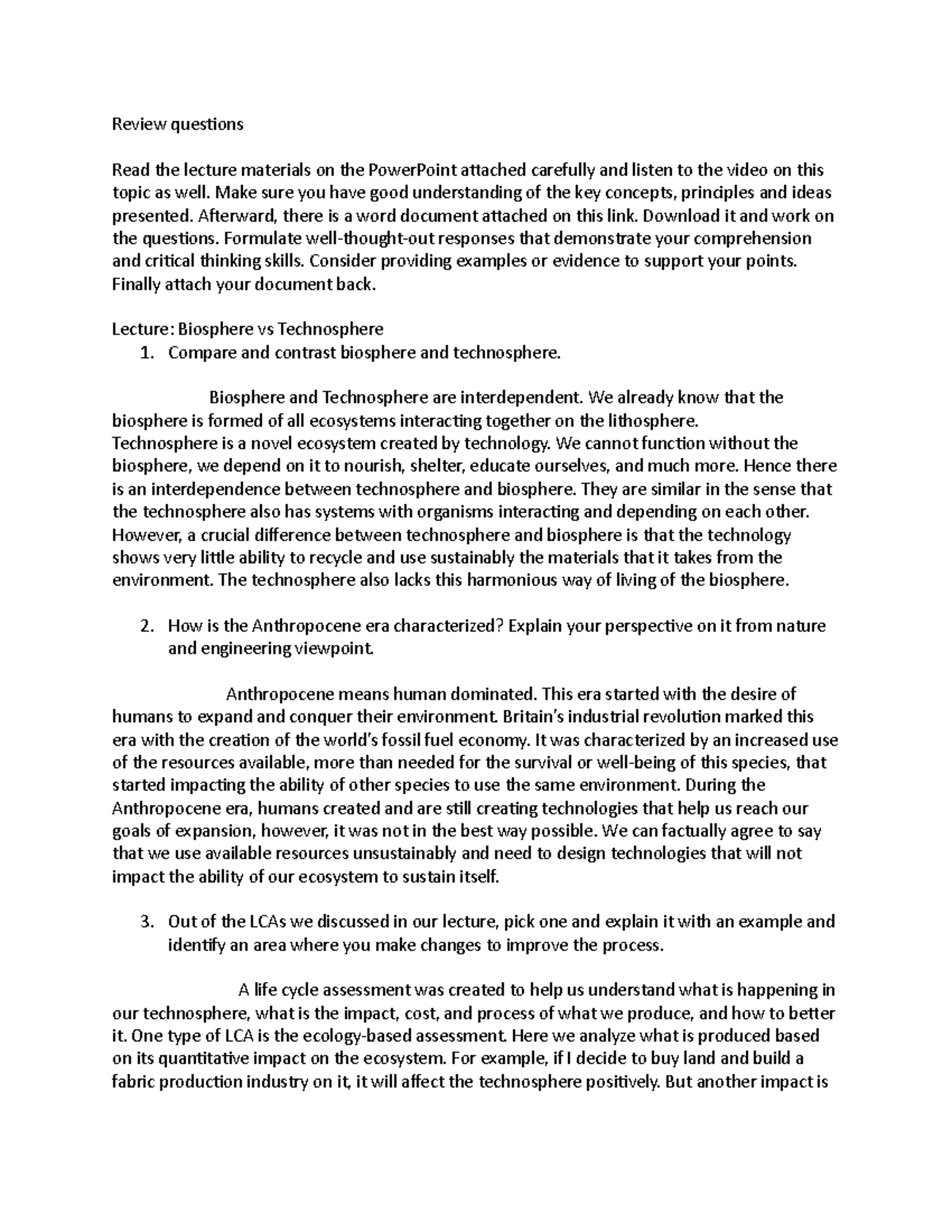 Review Questions on Biosphere vs Technosphere - Review questions Read ...