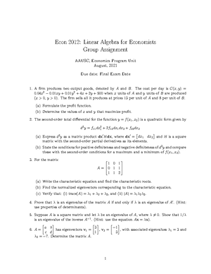 Econ 2012 Exercise-1 - practical exercises to improve maths skill - Econ 2012: Linear Algebra ...