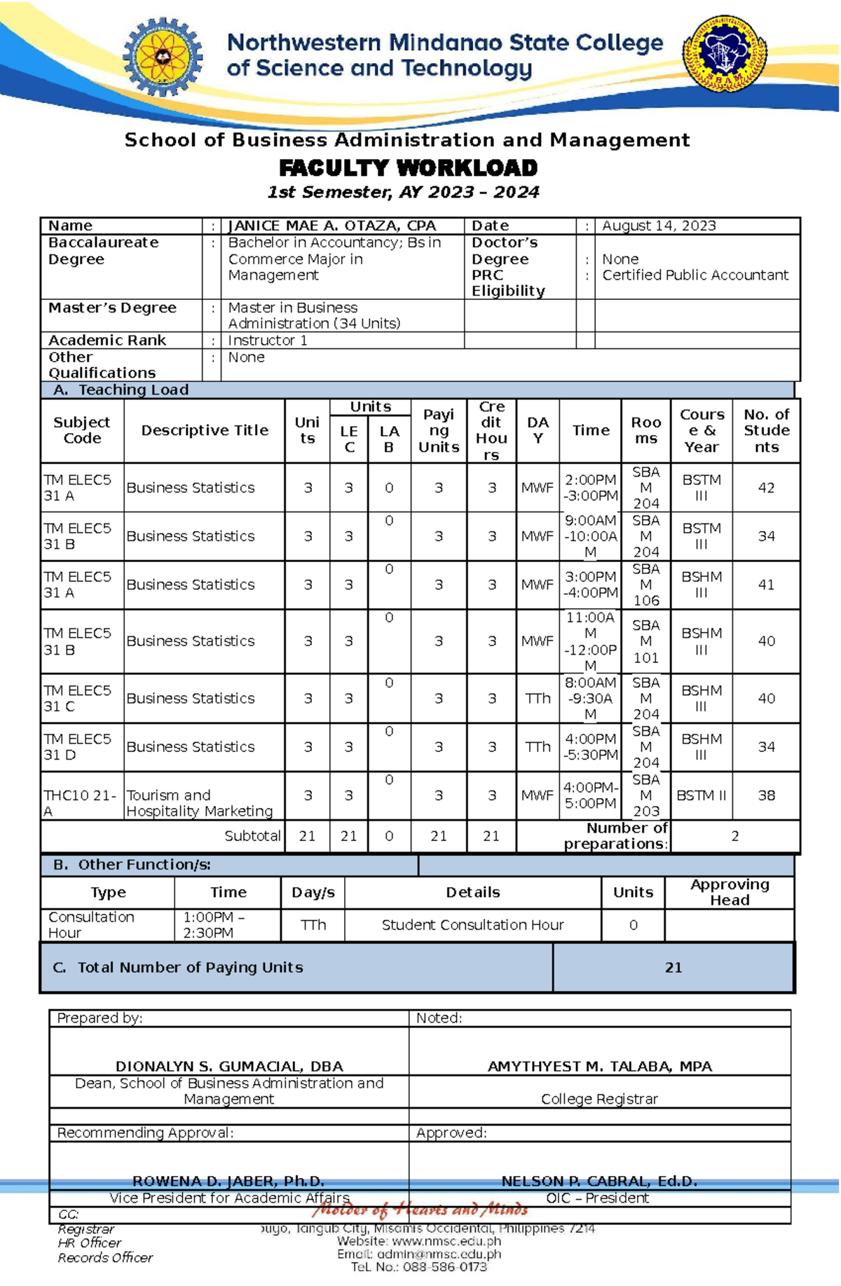 Otaza- Janice - Teaching Load - School of Business Administration and ...