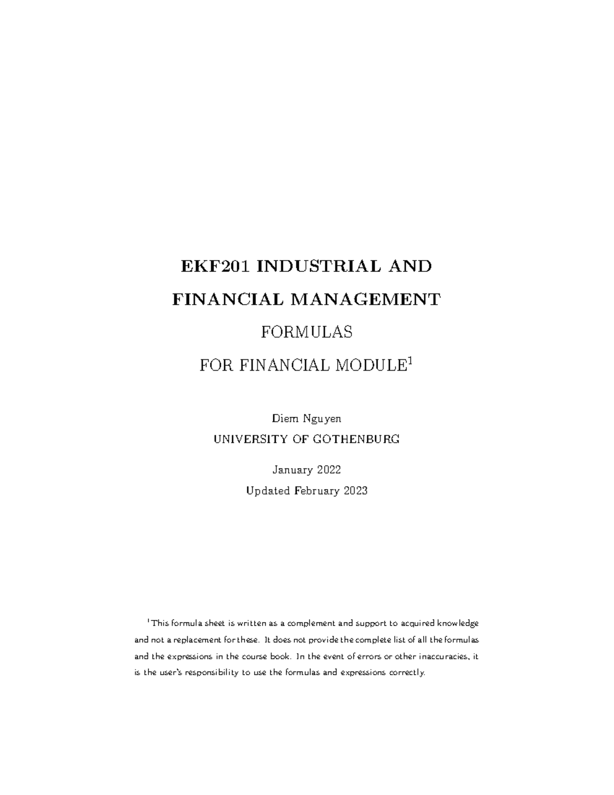 Formula sheet - Formelblad - EKF201 INDUSTRIAL AND FINANCIAL MANAGEMENT ...