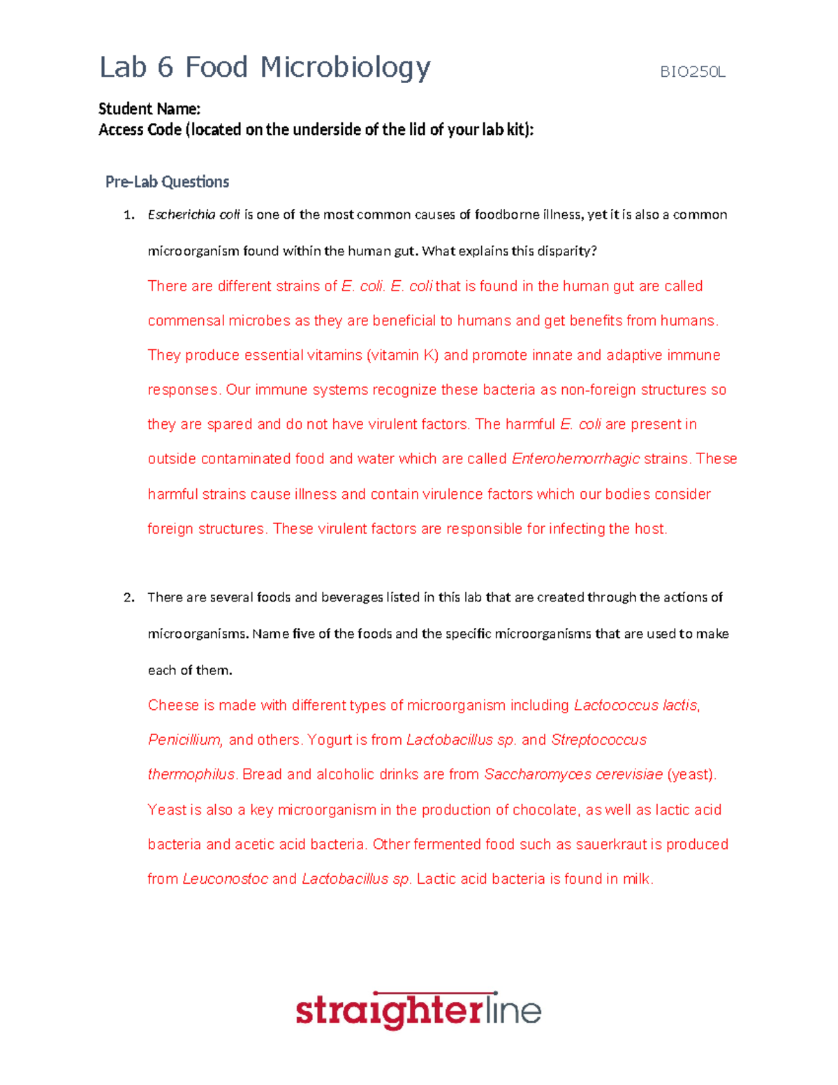BIO250L+V2+Lab+6 - Microbiology labwork - Student Name: Access Code ...