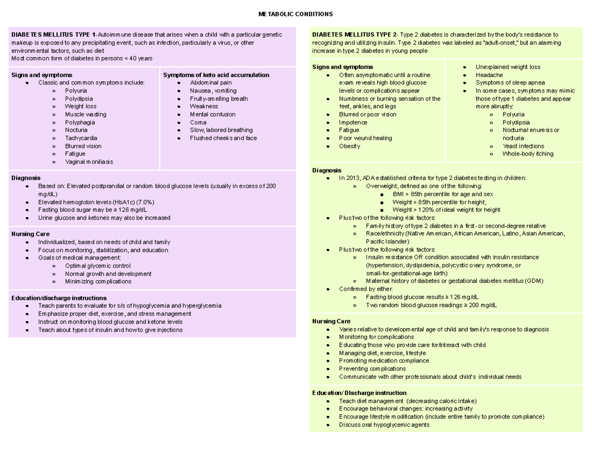 Pediatric Metabolic Conditions - METABOLIC CONDITIONS DIABETES MELLITUS ...
