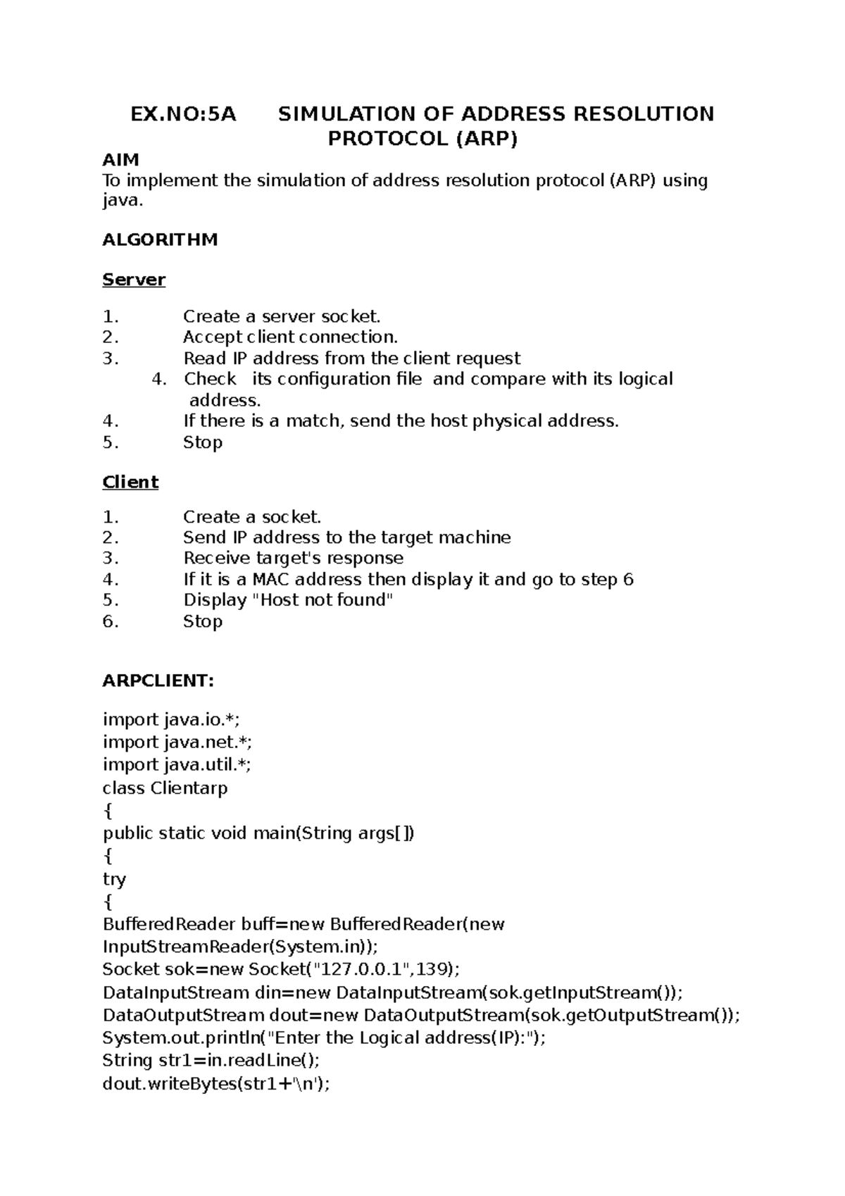 5a Simulation Of Arp Protocol Ex5a Simulation Of Address Resolution Protocol Arp Aim To 