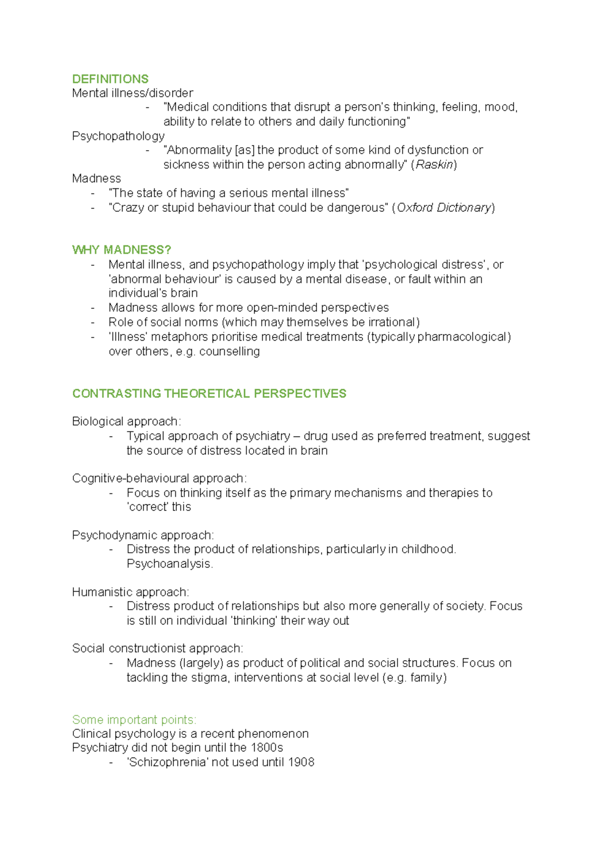 Definitions - Psycho notes - DEFINITIONS Mental illness/disorder ...