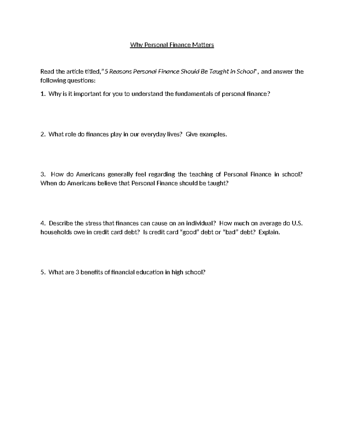 5 reasons article 5 questions - Why Personal Finance Matters Read the ...