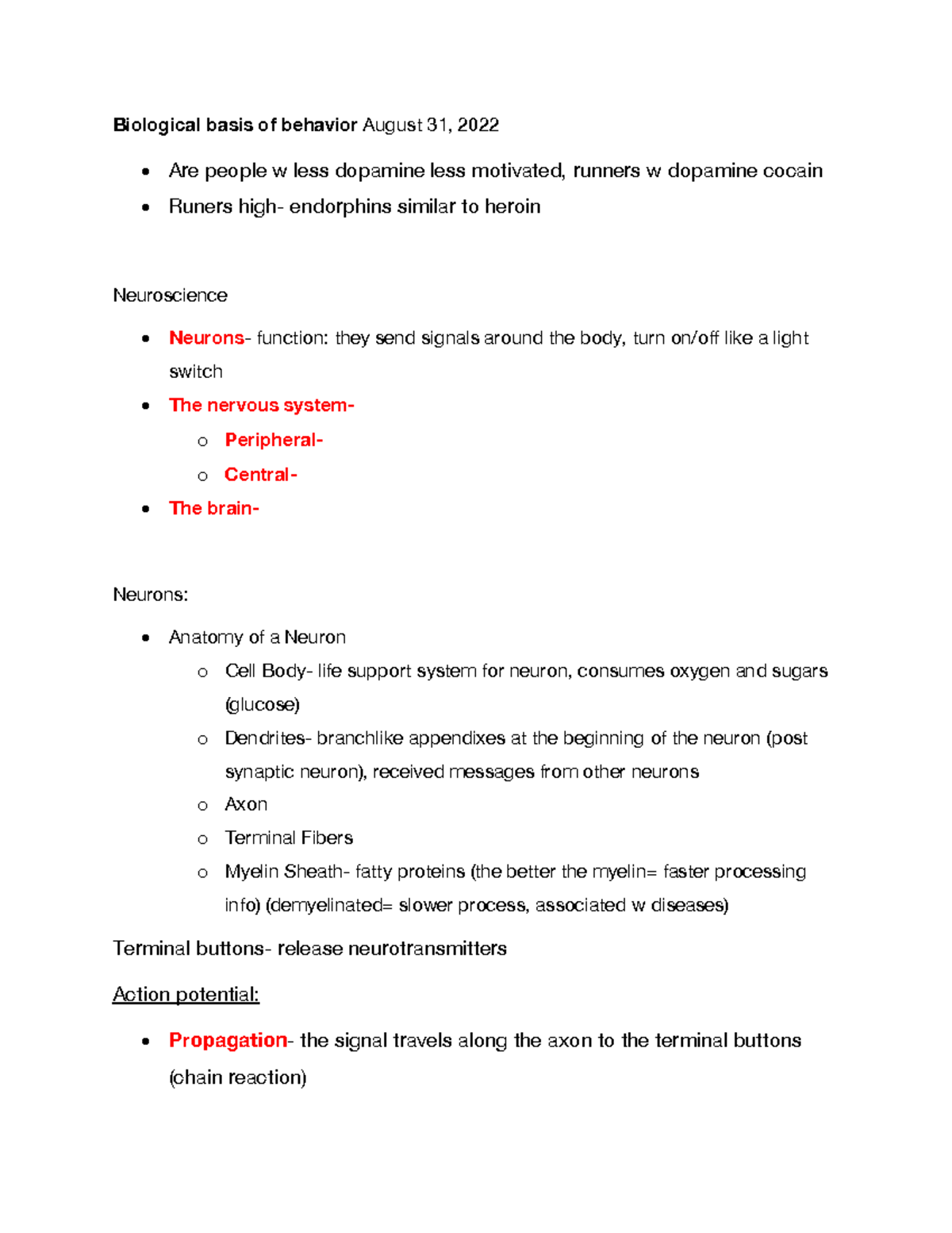Psychology Notes - Biological basis of behavior August 31, 2022 • Are ...