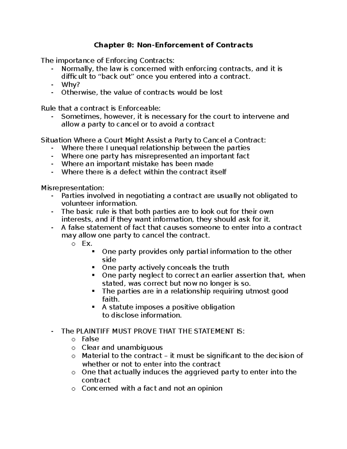 Law Chapter 8 - Law notes - Chapter 8: Non-Enforcement of Contracts The ...