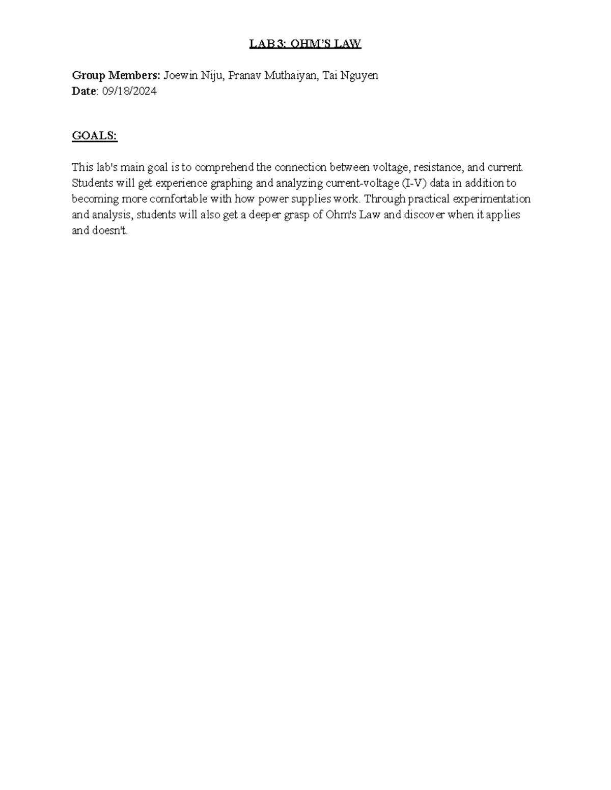 Physics lab 3 - Lab 3 assignment - LAB 3: OHM’S LAW Group Members: Joewin Niju, Pranav Muthaiyan ...