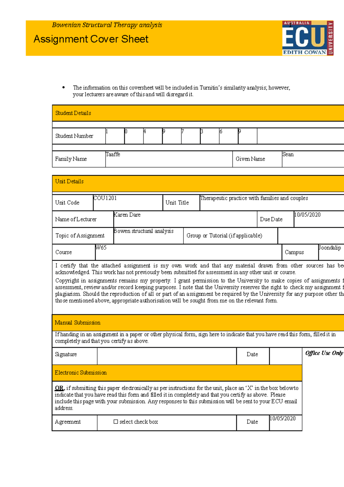 Backup of Bowenian assignment final - Assignment Cover Sheet The ...
