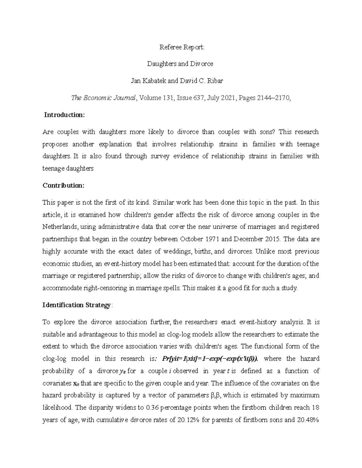 Referee Report on Research Paper - Referee Report: Daughters and ...