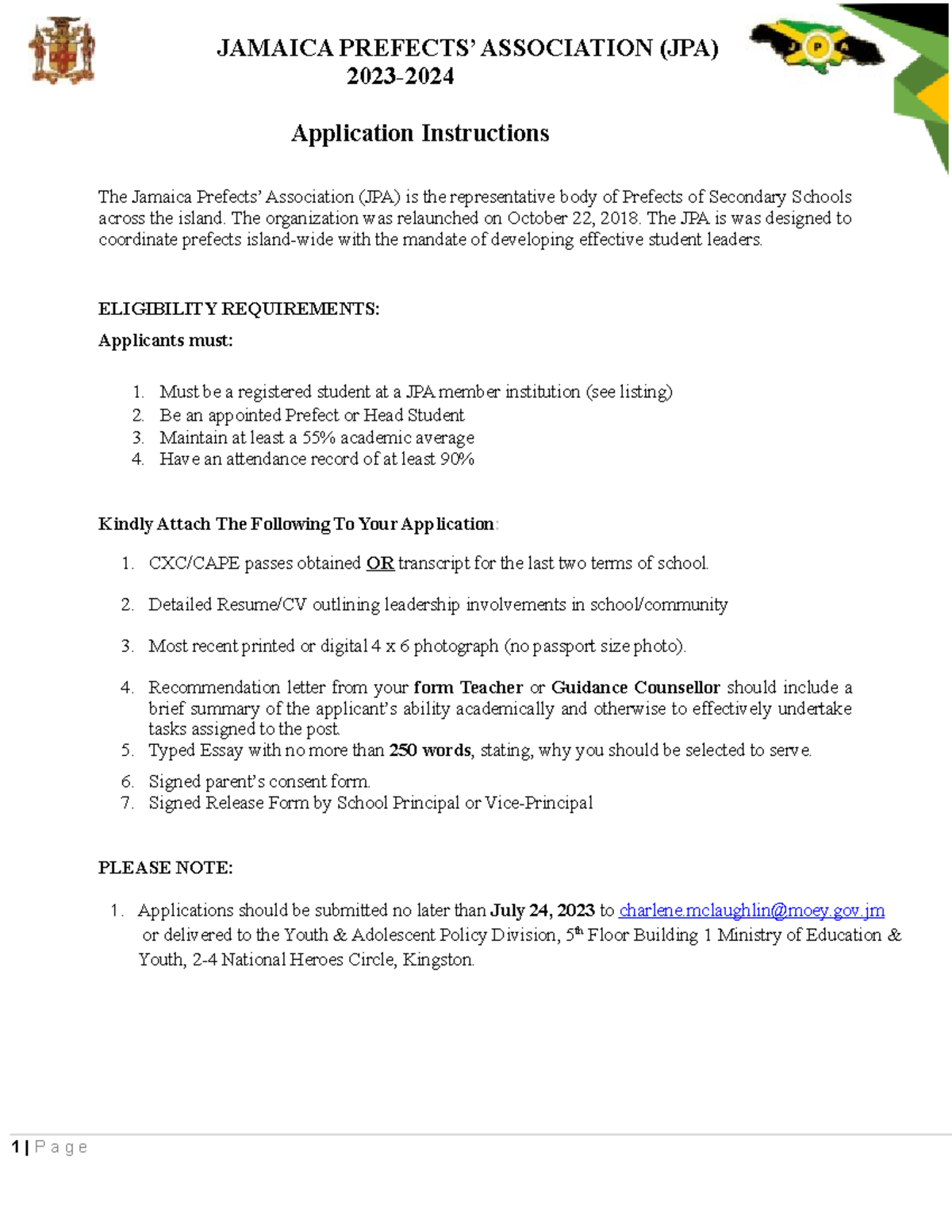 Jamaica Prefects' Association Application Form 2023 - JAMAICA PREFECTS ...