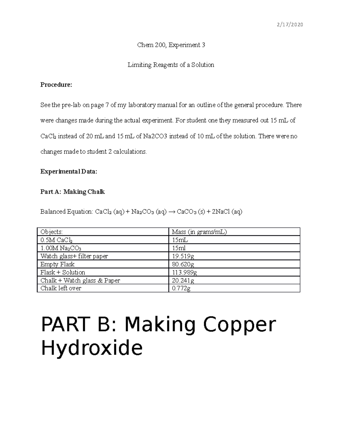 Chem 200 #3 - Chem 200 Experiment 3 - Chem 200, Experiment 3 Limiting ...