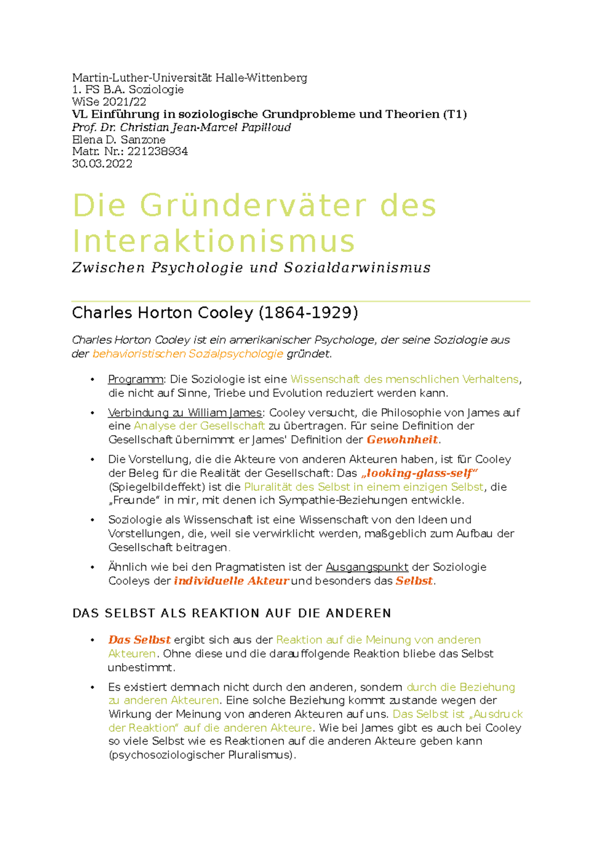 T1 VL 10 Die Gründerväter des Interaktionismus Cooley Thomas - Martin ...