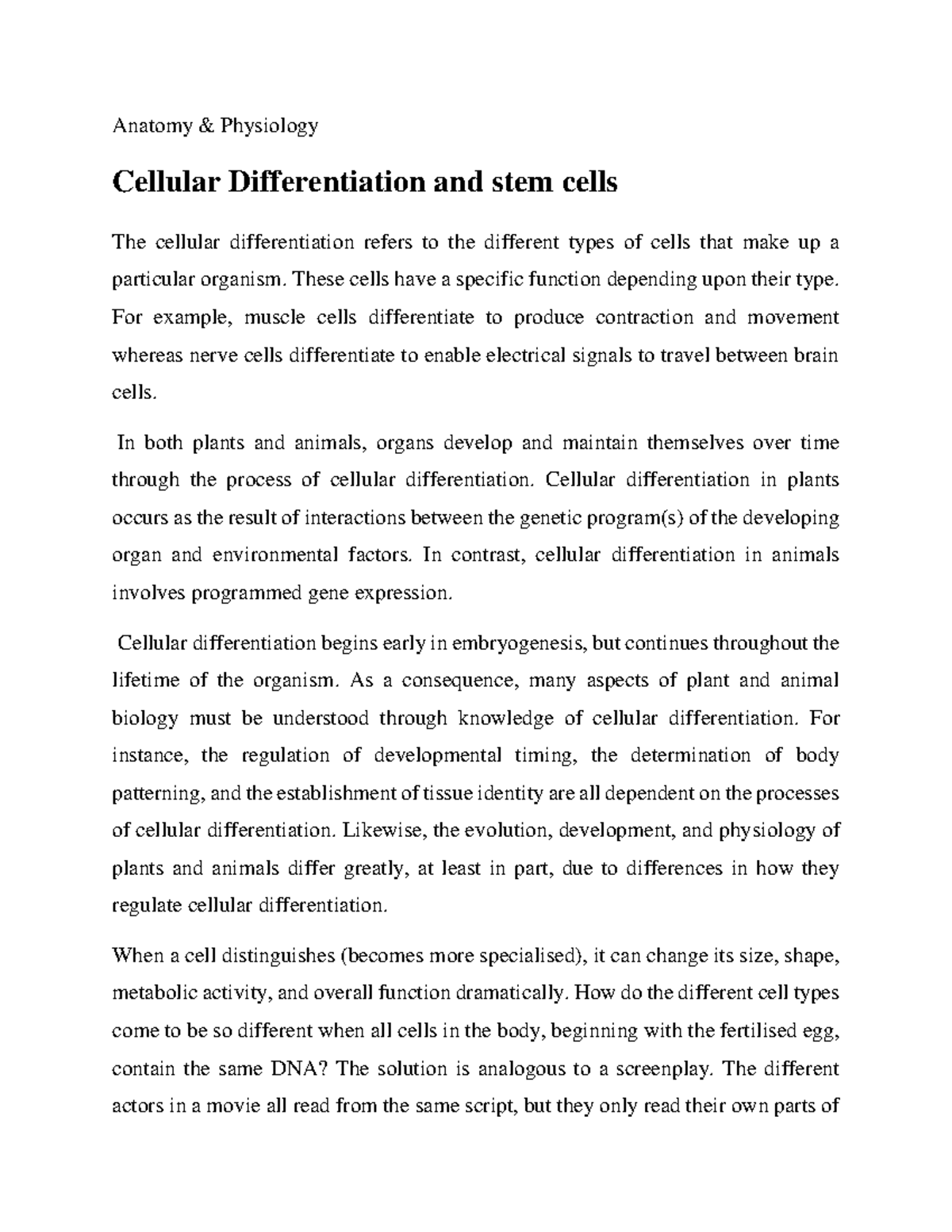 Cellular Differentiation and stem cells - Anatomy & Physiology Cellular ...