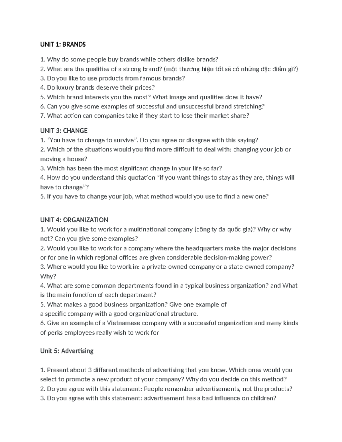 Question-speaking-enm - UNIT 1: BRANDS Why do some people buy brands ...