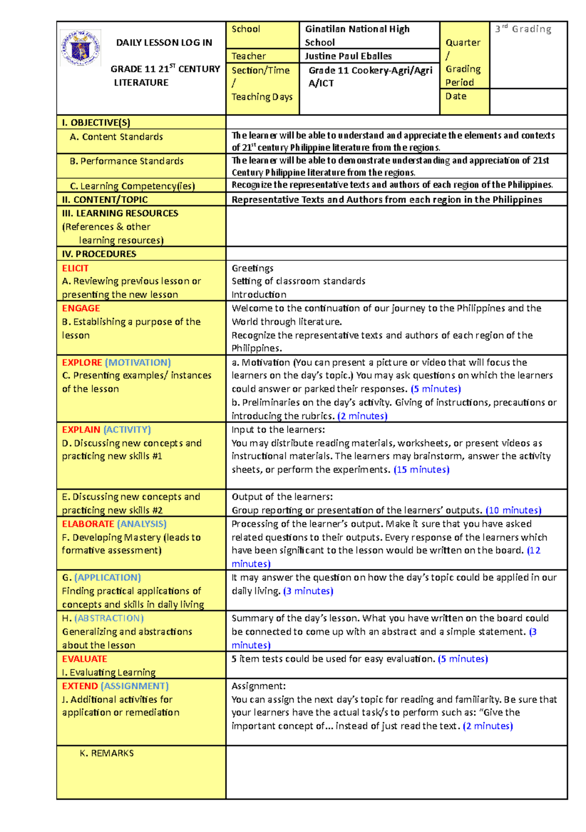 21st Century DLP 2 - DAILY LESSON LOG IN GRADE 11 21ST CENTURY ...