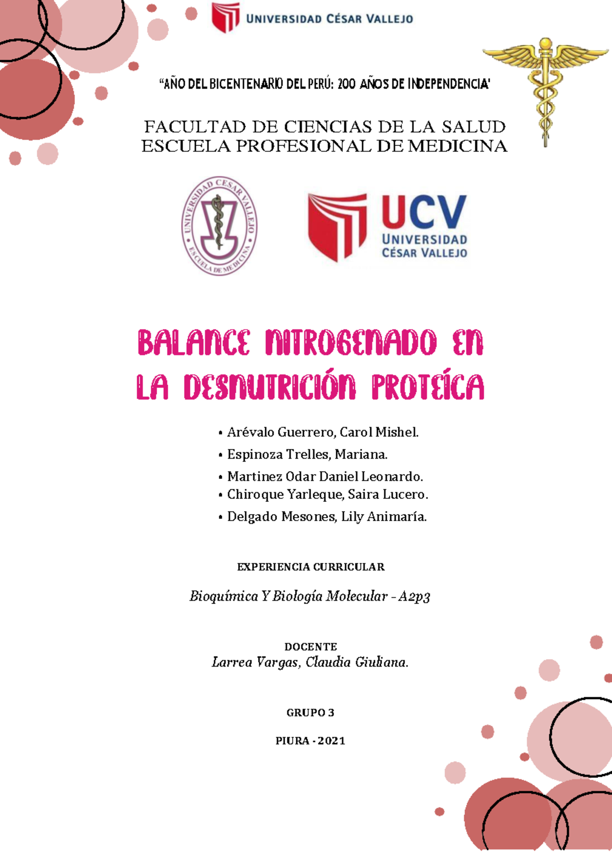 Balance Nitrogenado EN LA Desnutrición Proteíca 2 - “AÑO DEL ...