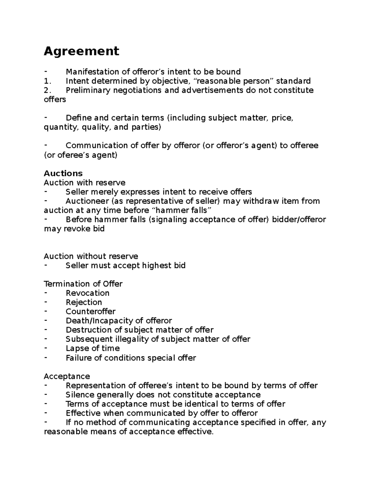 Agreement - Agreement ⁃ Manifestation of offeror’s intent to be bound ...