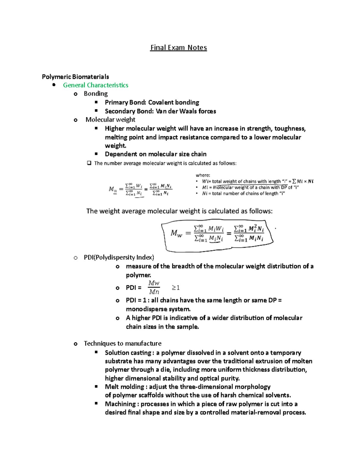 Final Exam Notes - Final Exam Notes Polymeric Biomaterials General ...