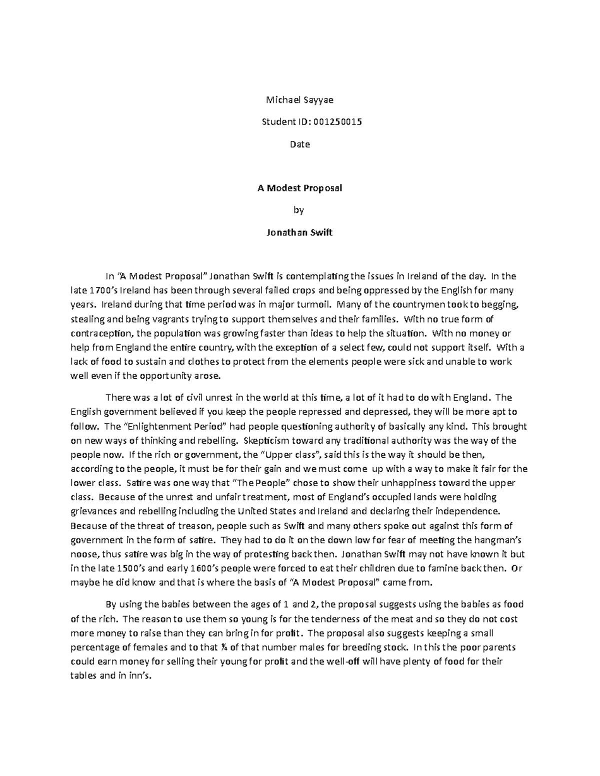 Introduction to Humanities C100 - Michael Sayyae Student ID: 001250015 ...