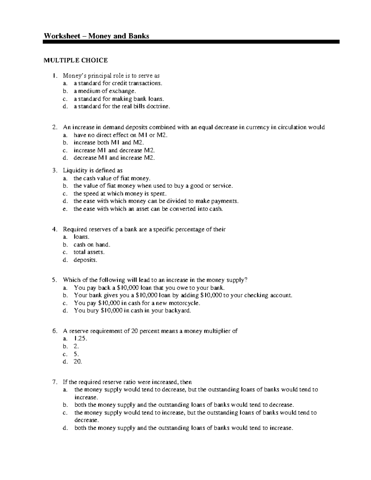 Worksheet Money and banks - Worksheet – Money and Banks MULTIPLE CHOICE ...