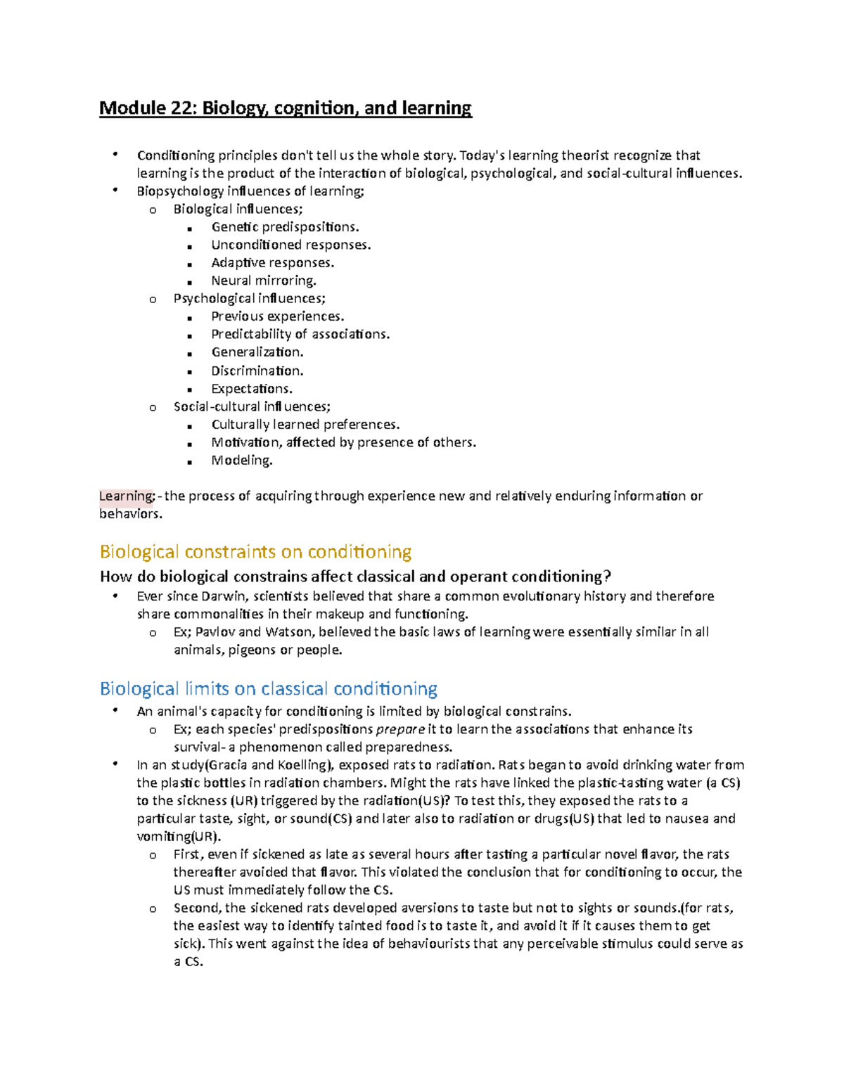 Module 22 - psyc1010 - Module 22: Biology, cogni1on, and learning ...
