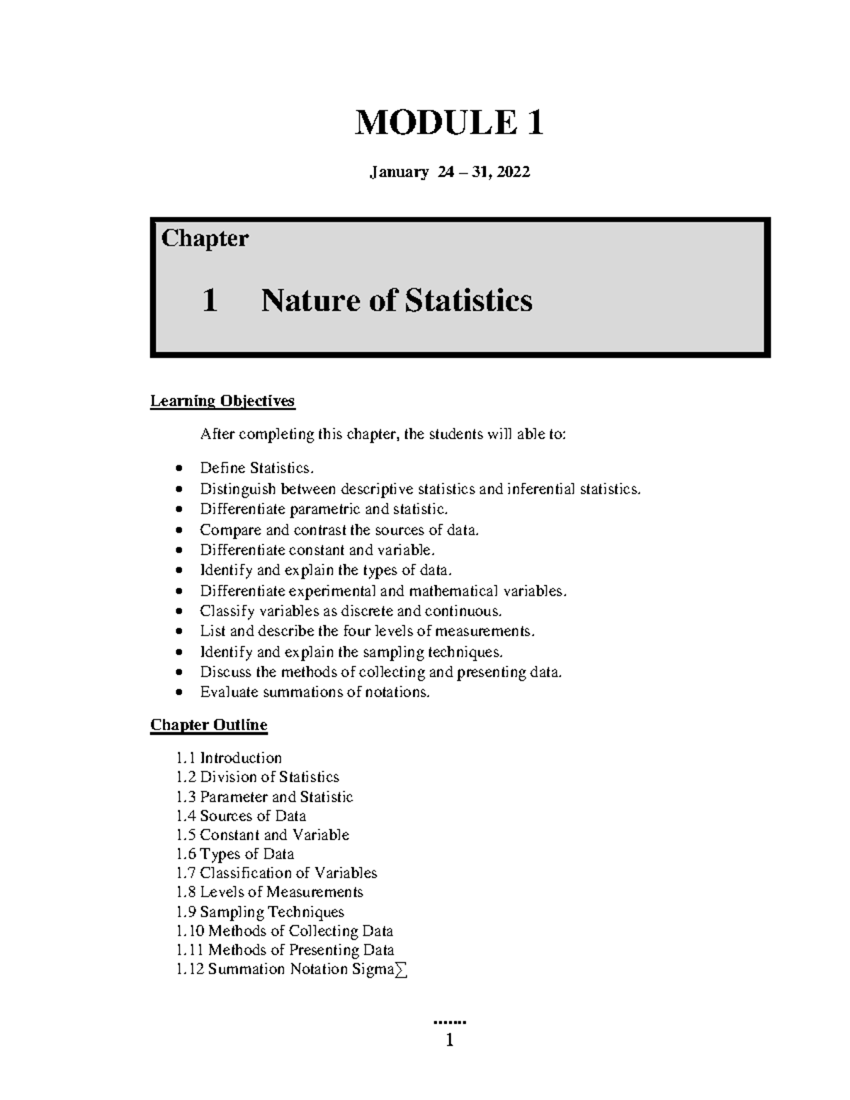 Chapter 1 - Nature OF Statistics - ....... 1 MODULE 1 January 24 – 31 ...